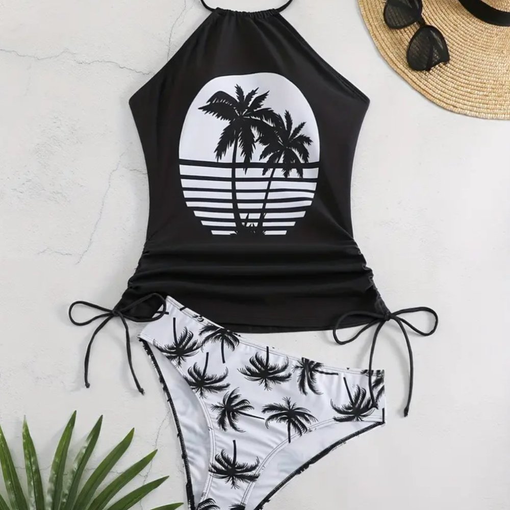 Retro Tankini Palm Trees Two Piece Swimsuit Set - Gem